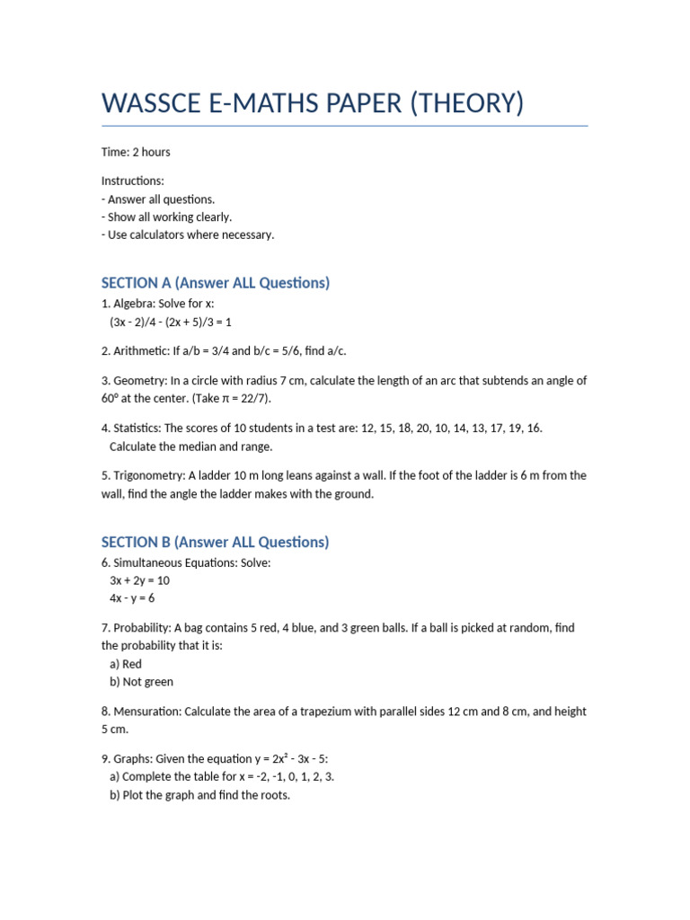 WAEC_Standard_WASSCE_E-Maths_Theory_Paper | PDF