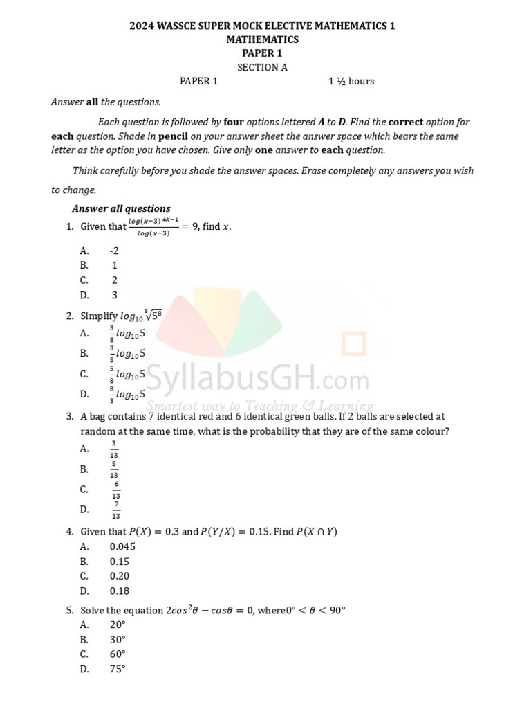 2024 WASSCE Super Mock Elective Maths 1 | PDF | Mathematics | Equations