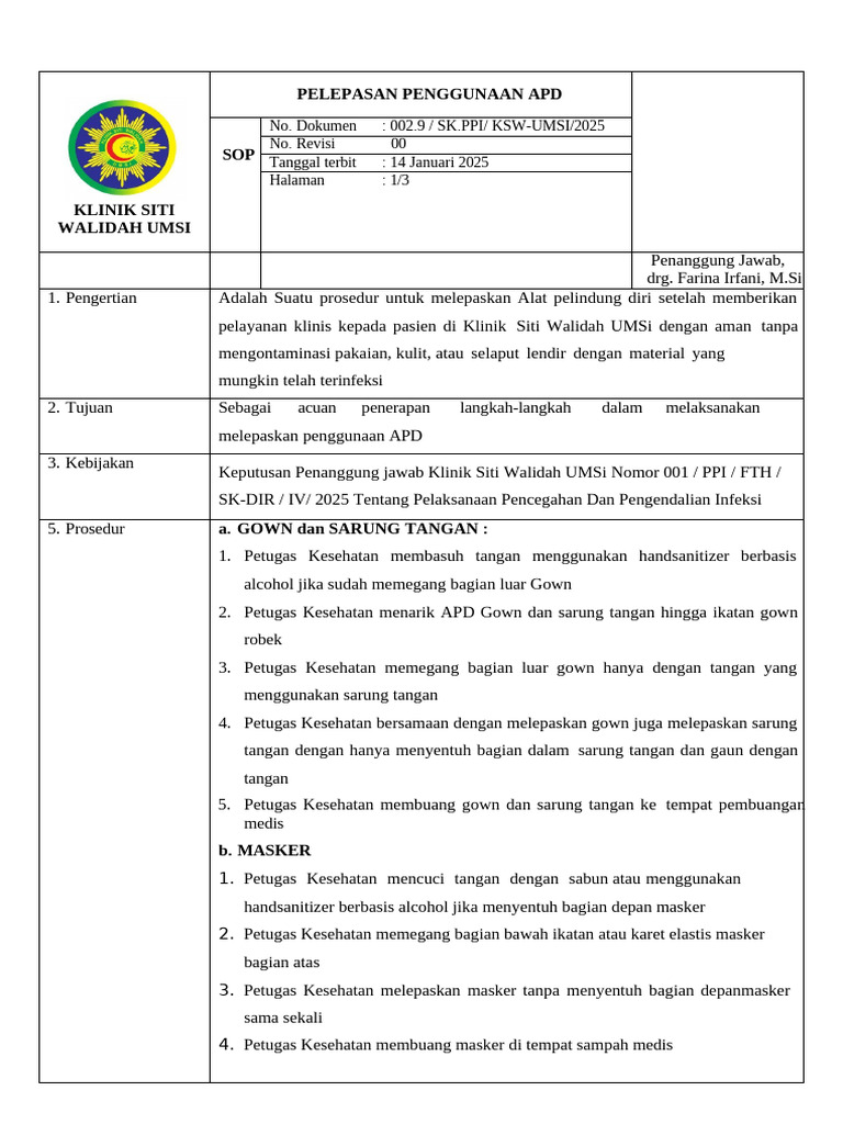 Sop Pelepasan Pelepasan Apd | PDF