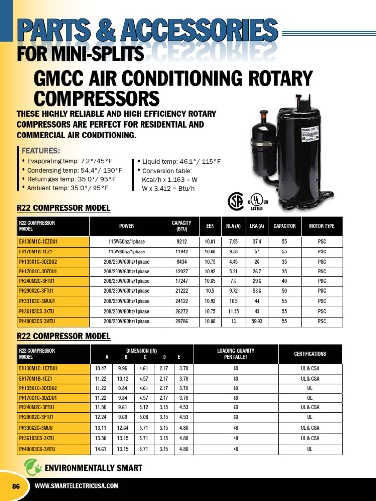 Smart Electric GMCC Air Conditioning Rotary Compressors Data Sheet | PDF | Air Conditioning ...