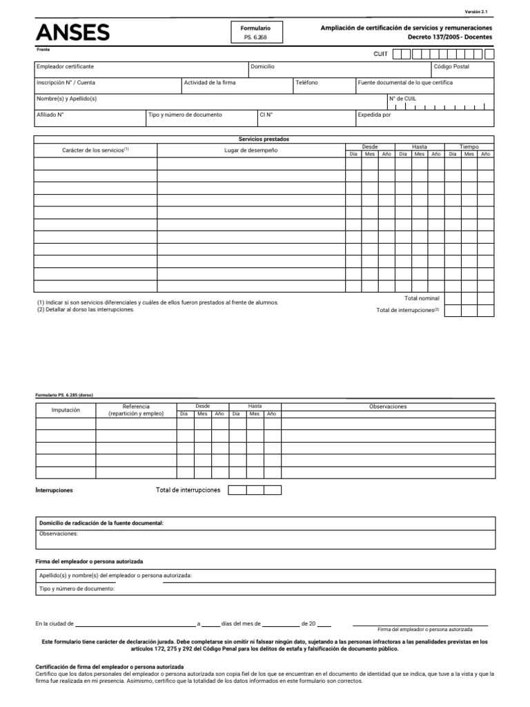 Formulario PS 6.268: Certificación de Servicios | PDF