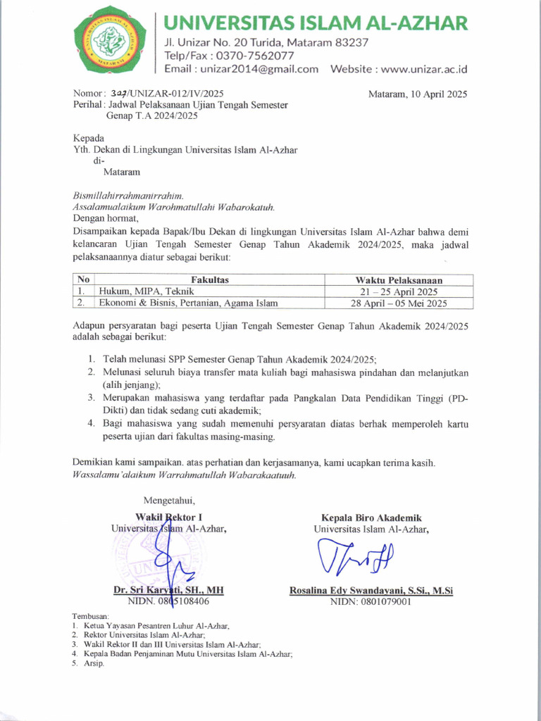327. SURAT EDARAN JADWAL PELAKSANAAN UJIAN TENGAH SEMSTER GENAP 24-25 TANGGAL 10 APRIL 2025 | PDF