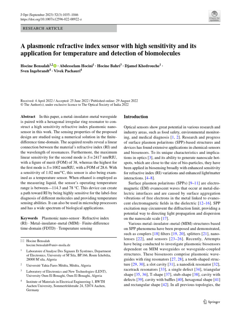 Plasmonic RI Tempr and Biomolecules Detection Sensor | PDF | Plasmon | Biosensor