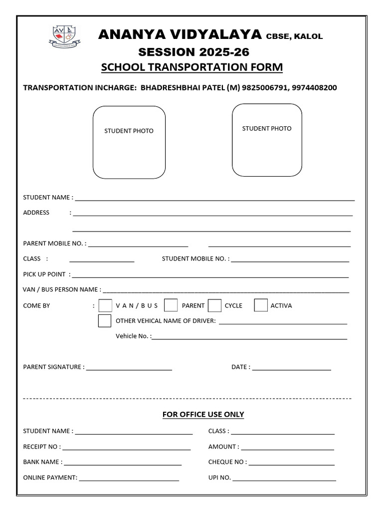 SCHOOL TRANSPORTATION FORM 2025-26 | PDF | Bus | School Bus