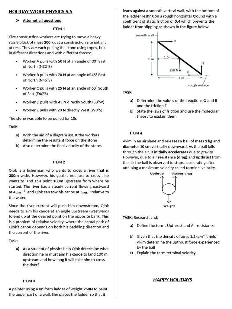 Physics Holiday Work S.5 2025 | PDF | Friction | Force