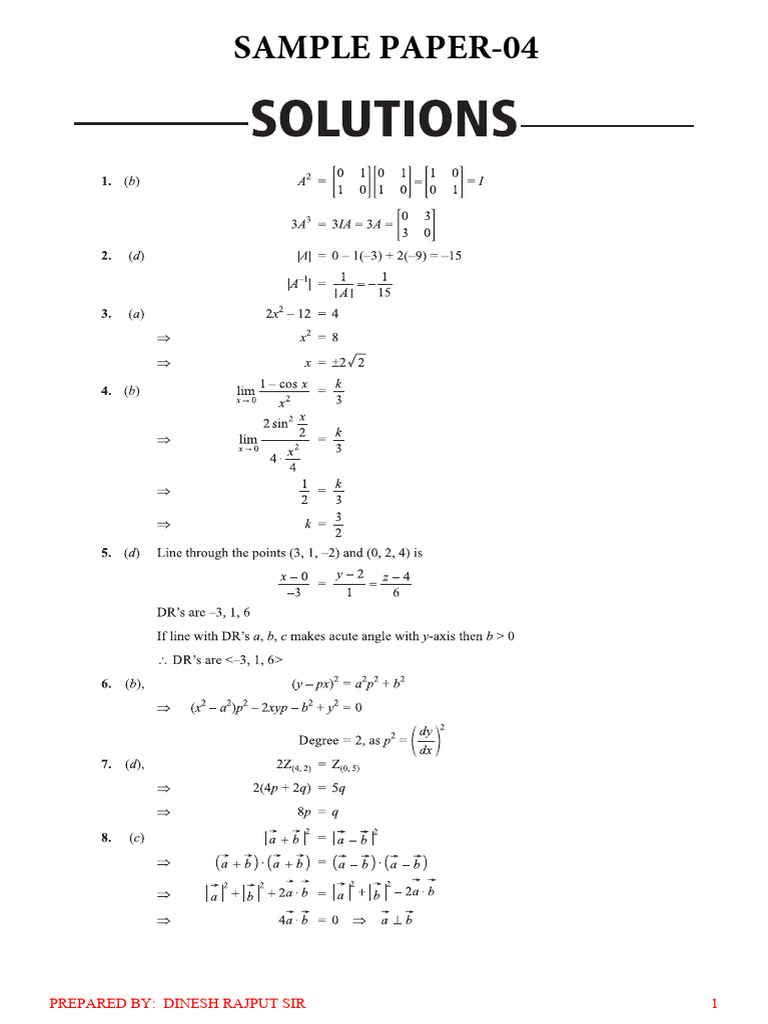 Solutions Sample Paper 04 (03!03!25) (1) | PDF