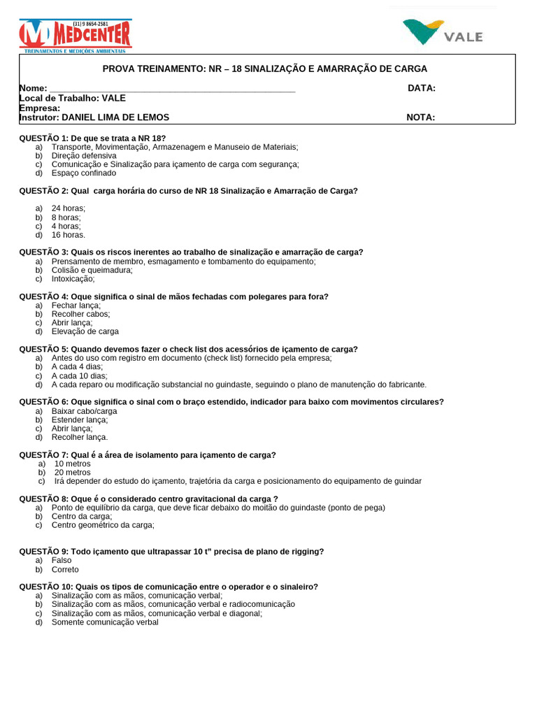 Prova NR 18 Sinalizacao e Amarracao de Carga | PDF