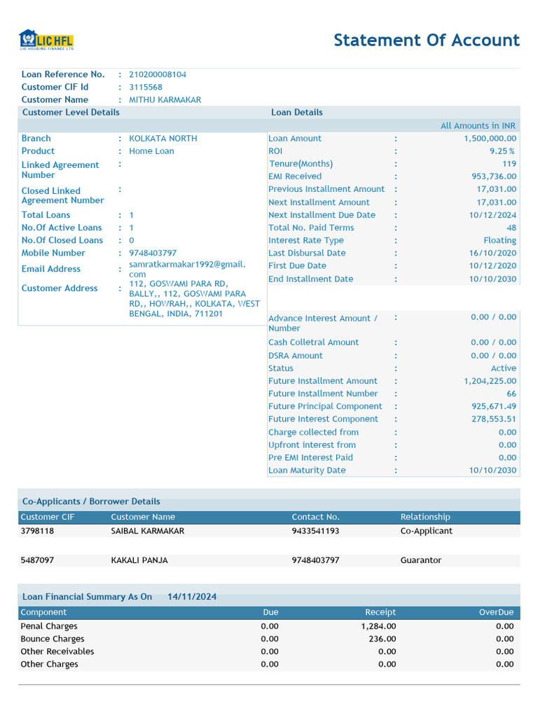 Statement of Account: Loan Reference No. Customer CIF Id Customer Name ...