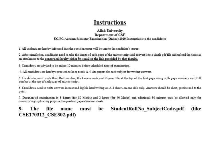 CSE Exam Instructions for Aliah University | PDF