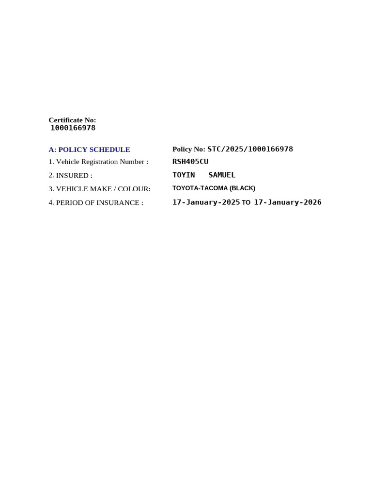 Toyota Tacoma Insurance Policy 2025 | PDF