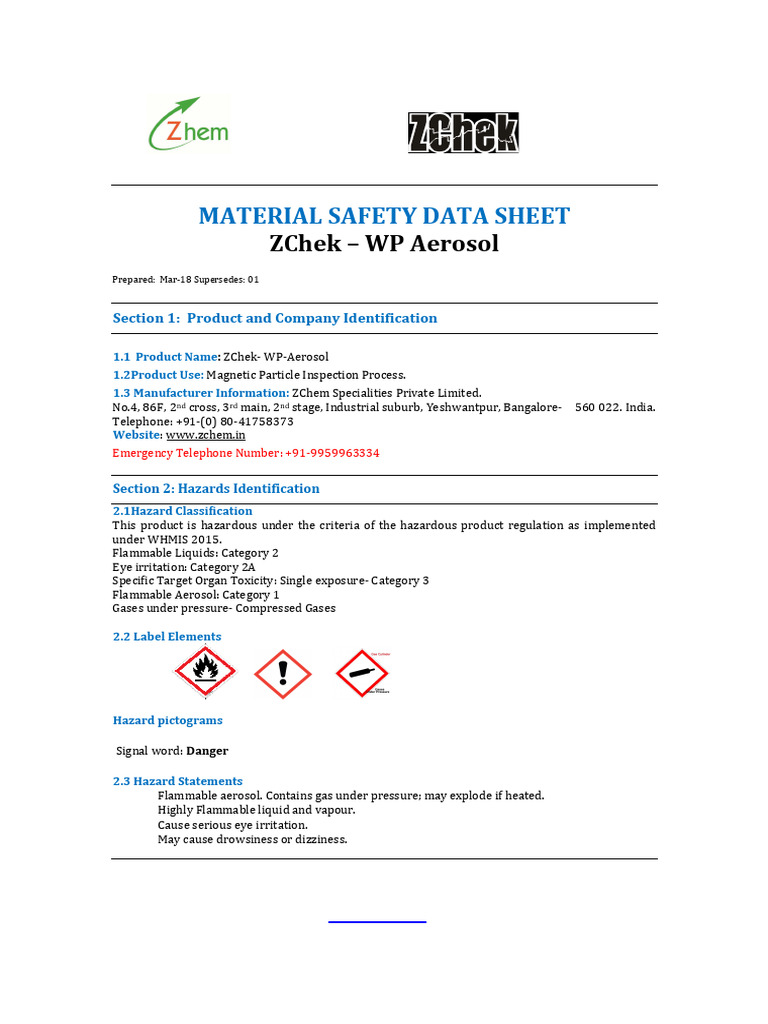 ZChek WP Aerosol Safety Data Sheet | PDF | Dangerous Goods | Combustion