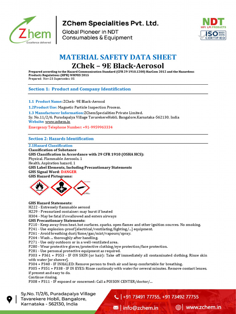 ZChek-9E-Black-Aerosol-MSDS-23 | PDF | Water | Waste