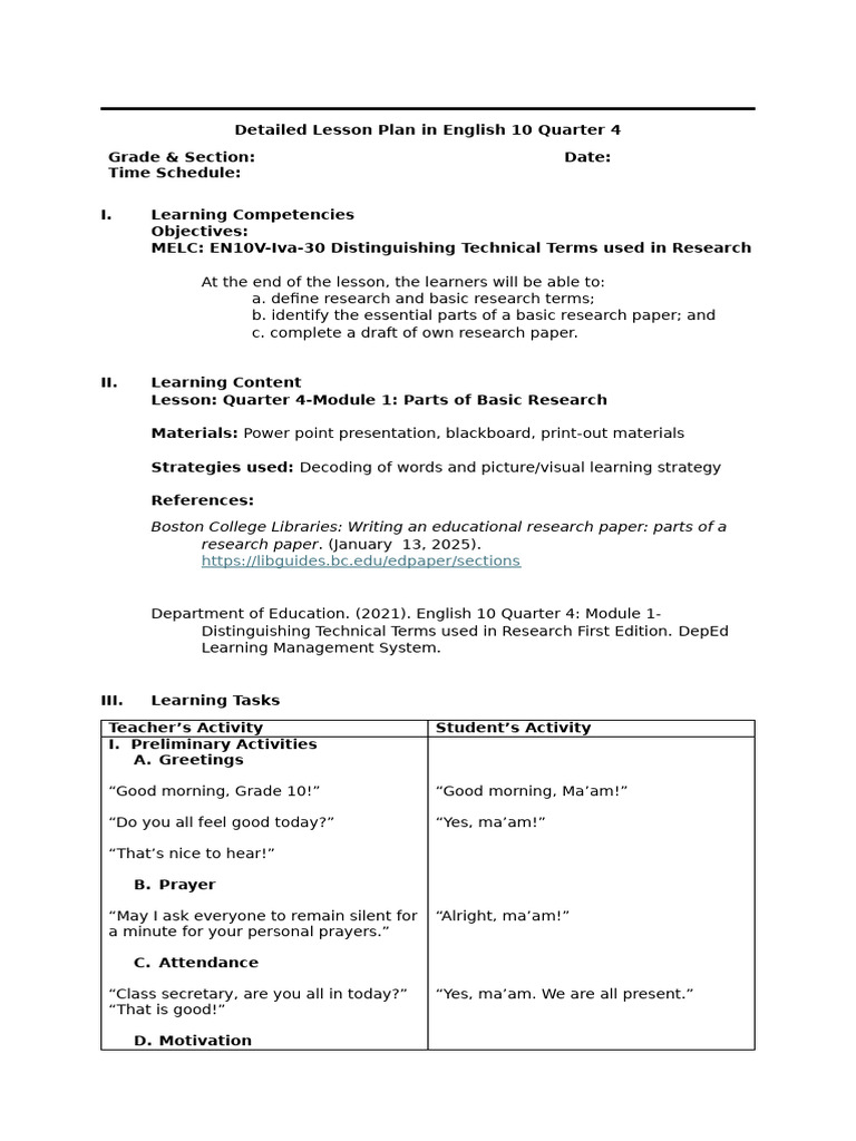 English 10 Research Paper Lesson Plan | PDF | Knowledge | Lesson Plan