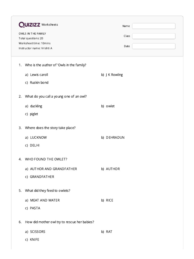 Owls in the Family Worksheet Answers | PDF | Birds | Zoology