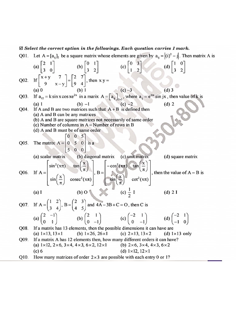 1 MCQ - Matrices | PDF