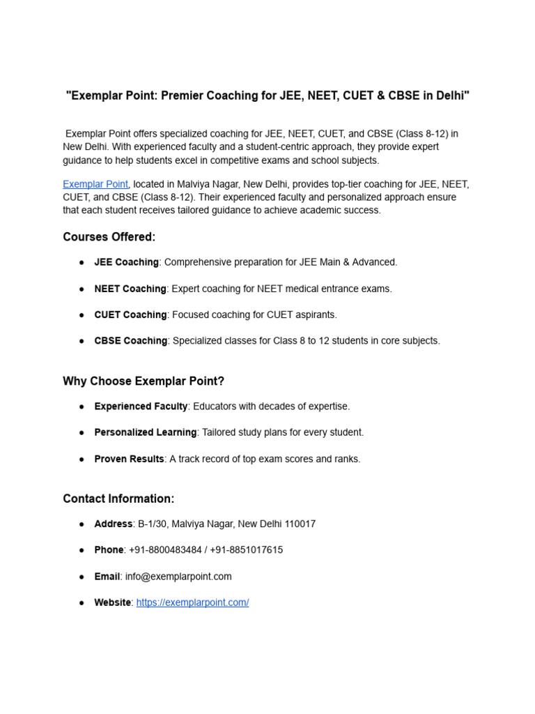 Expert Coaching For JEE, NEET, CUET & CBSE at Exemplar Point | PDF