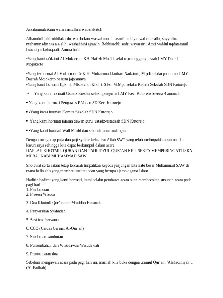Teks MC Wisuda Khotmil Qur'an | PDF
