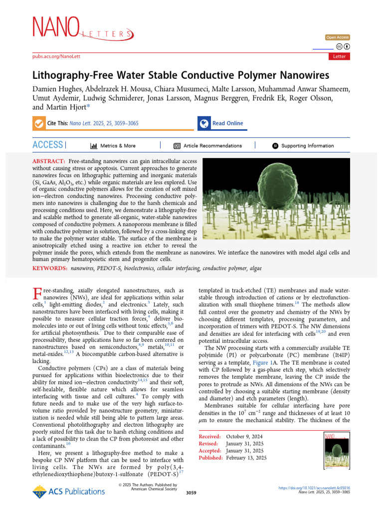 Hughes Et Al 2025 Lithography Free Water Stable Conductive Polymer Nanowires | PDF ...