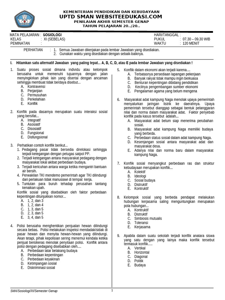 Soal PAT Kelas XI - Sosiologi | PDF