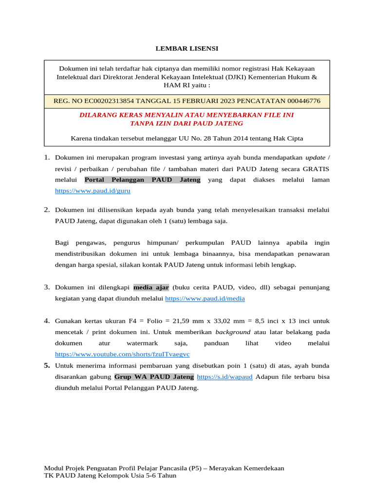 Modul Ajar - P5 - TK B - 5&6 - Tahun - Smt1 - Merayakan - Kemerdekaan | PDF