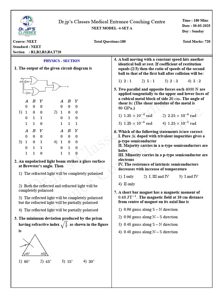 Neet Model - 4-Set A - Questions - Split | PDF | Semiconductors ...