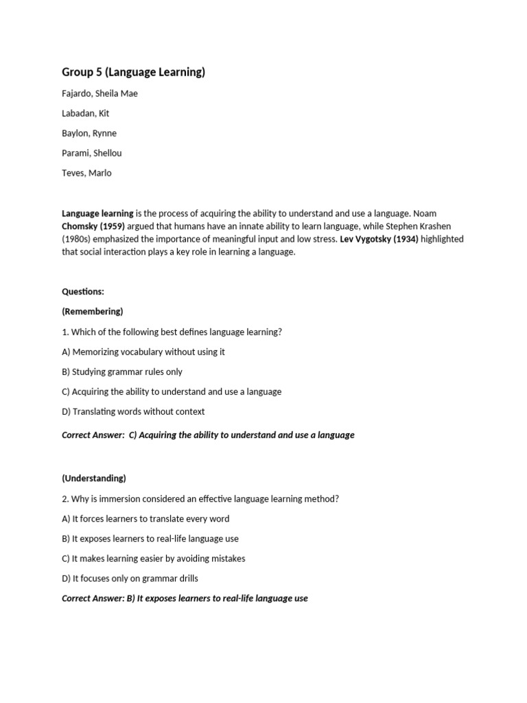 Group 5 Purcom (Language Learning and Principles) | PDF | Language Acquisition | Vocabulary