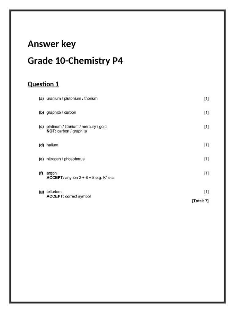 Answer Key Grade 10-Chemistry P4 | PDF