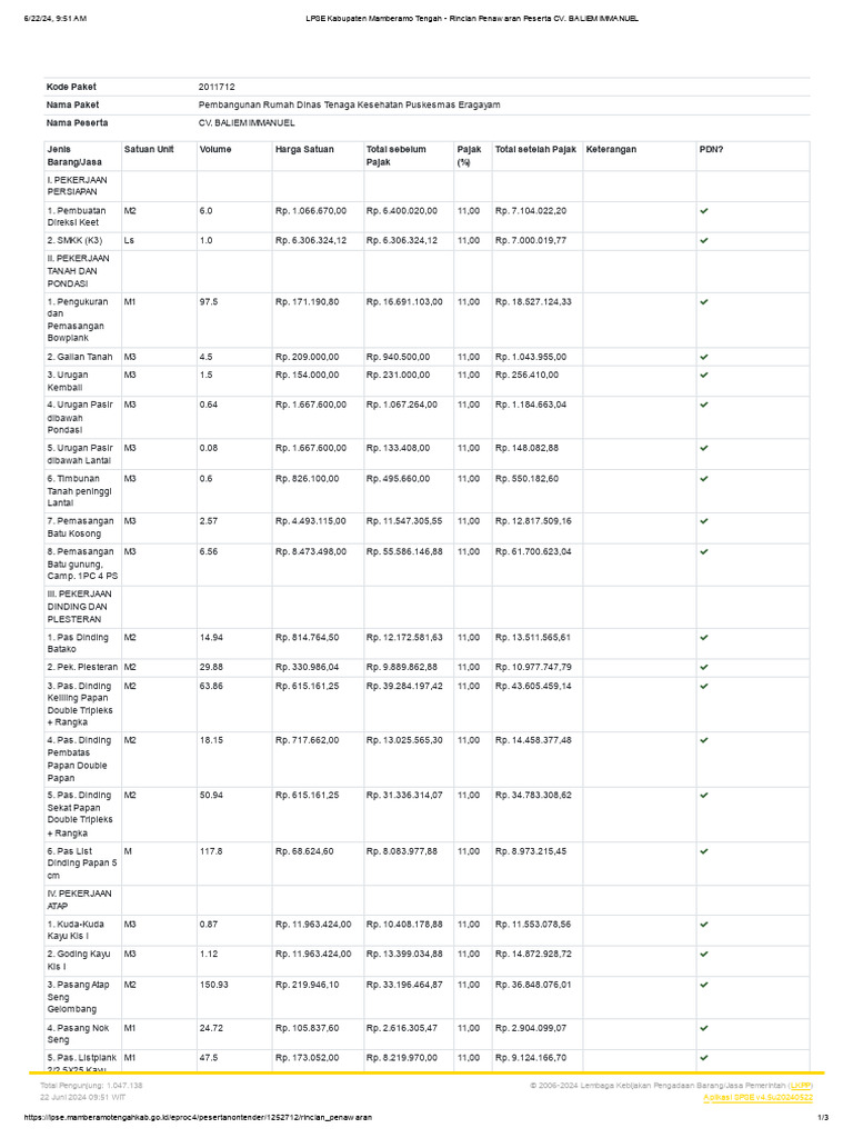 Rincian Penawaran Peserta CV. BALIEM IMMANUEL | PDF