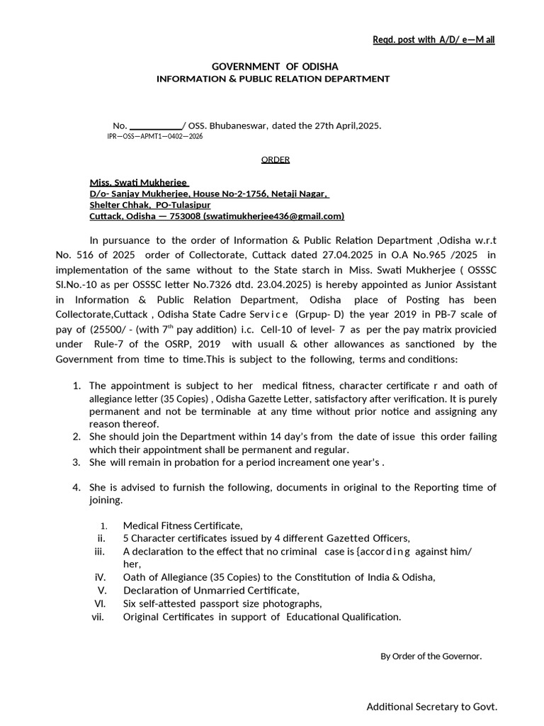 Joining Letter of Deepak Nayak, ASO | PDF | Legal Documents | Government