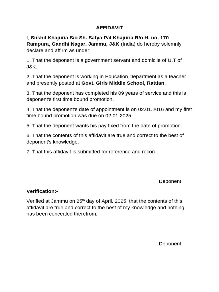Time Bound Promotion Affidavit Template | PDF
