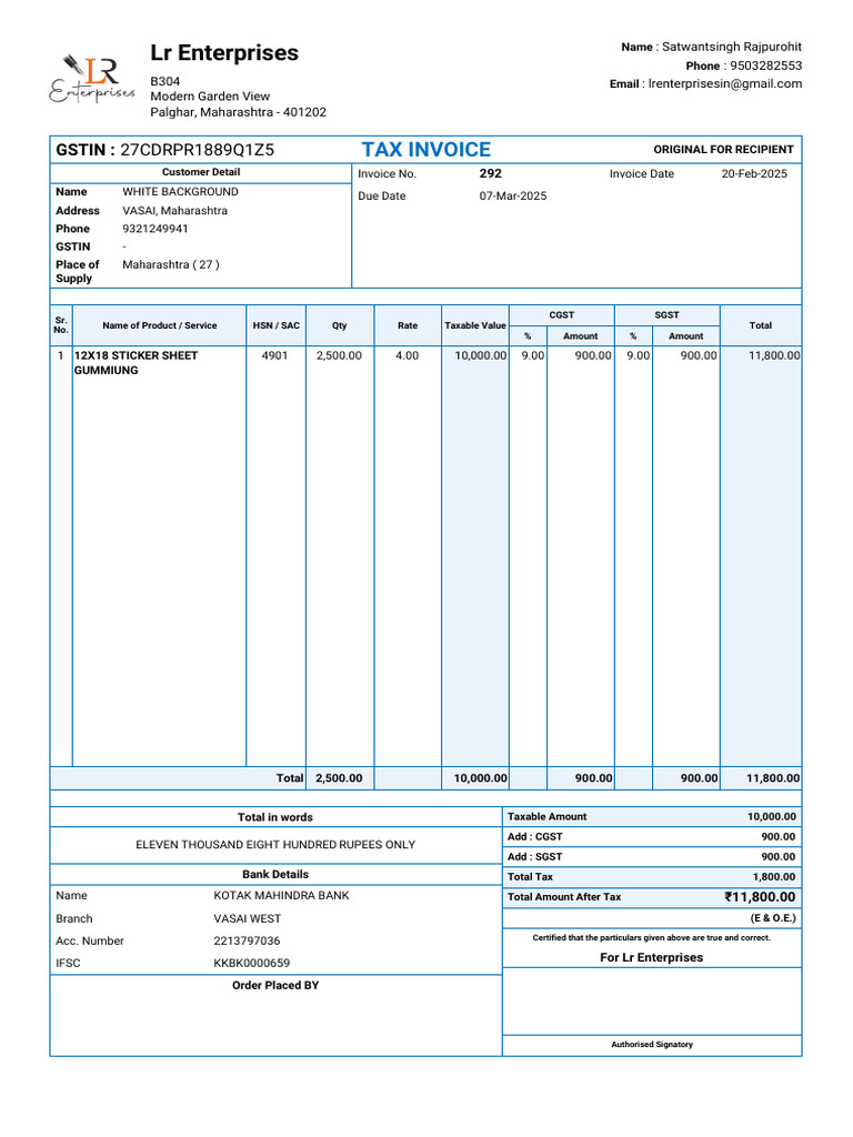 Tax Invoice for Lr Enterprises Services | PDF | Government | Public Finance