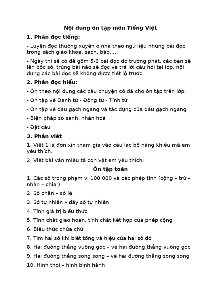 Nội dung ôn tập môn Toán - TV gk1 2023 - 2024 | PDF