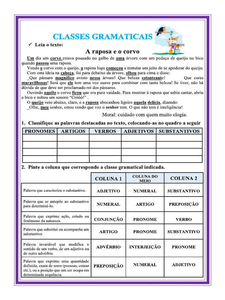 Classe Gramatical A RAPOSA E O CORVO | PDF