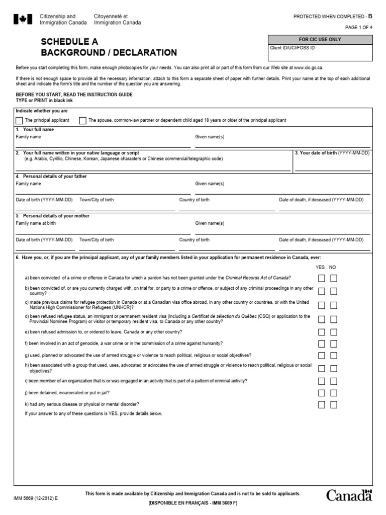 CIC IMM 5669 Schedule A Form Guide | PDF | Crimes | Crime & Violence