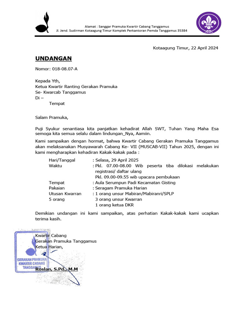 Undangan Muscab VII Kwartir Pramuka Tanggamus | PDF