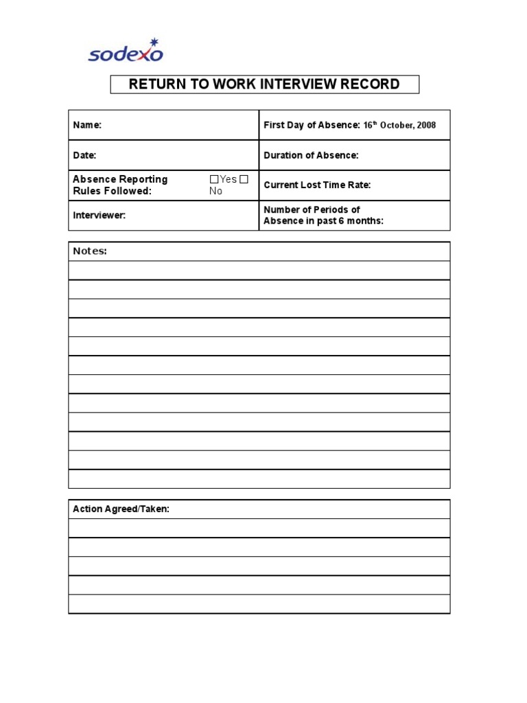 Return to Work Interview Record | Social Institutions | Society