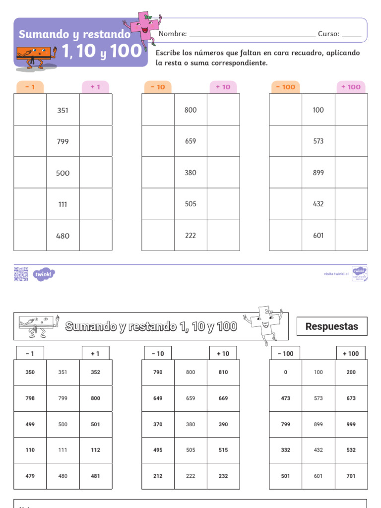 Guia de Trabajo Sumando y Restando 1, 10 y 100 | PDF
