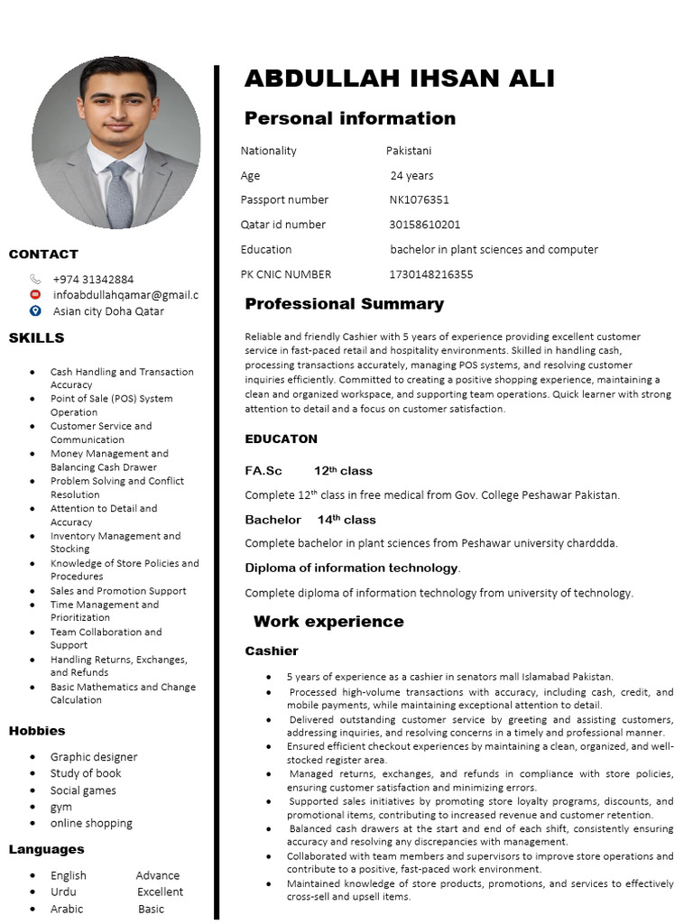 Abdullah Ihsan Ali Cashier CV | PDF | Point Of Sale | Business