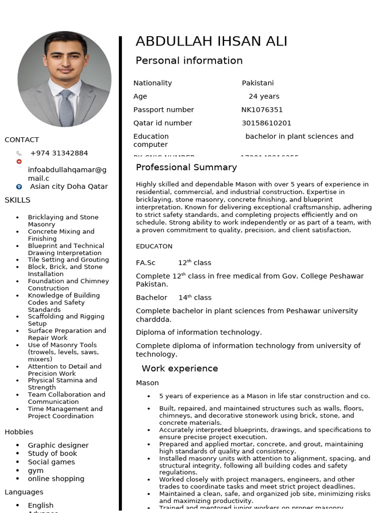 Experienced Mason Abdullah Ihsan Ali | PDF | Masonry | Concrete