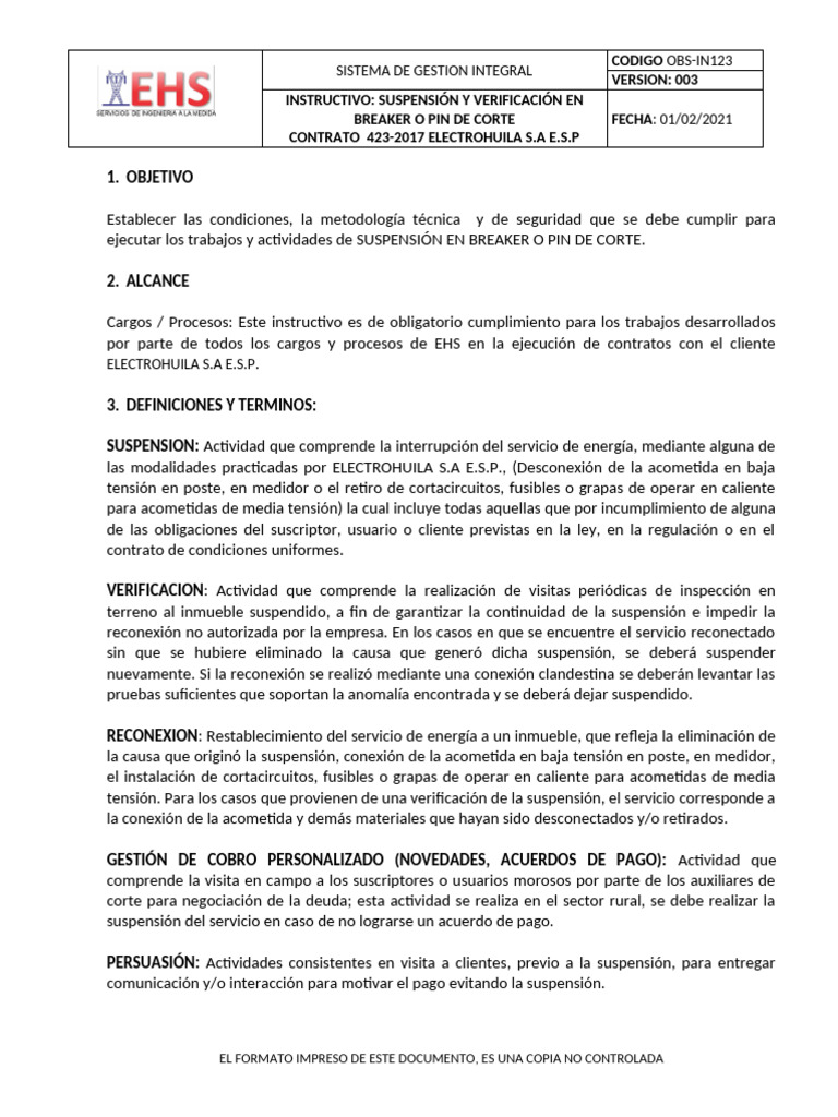 Obs-In123 Instructivo de Suspensión en Breaker o Pin de Corte V3 | PDF ...