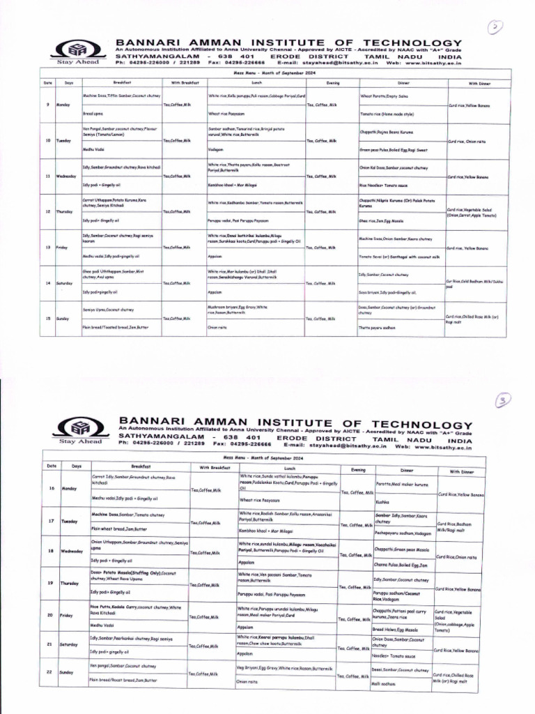 Hostel Food Menu - September 2024 | PDF