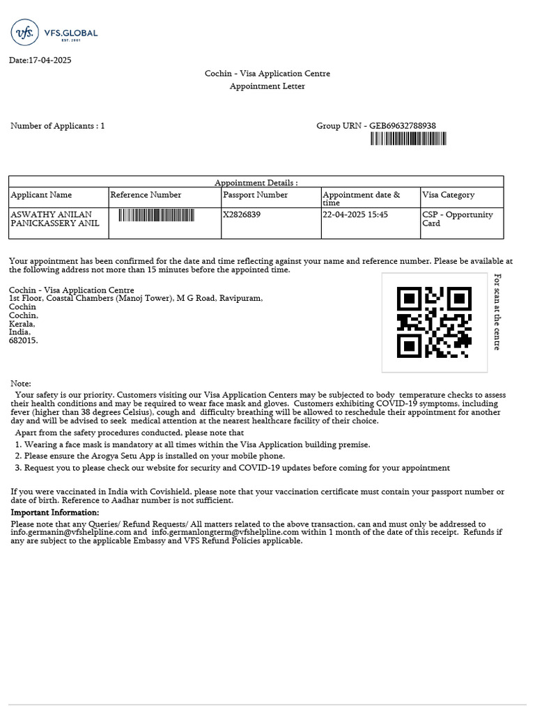 VFS Slot Aswathy Anilan 22-Apr-2025 Cochin 1545 | PDF | Travel Visa