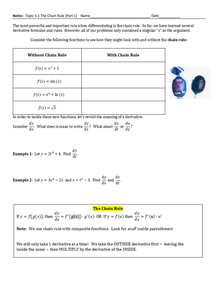 Notes Topic 3.1 Chain Rule Part 1 | PDF | Derivative | Analysis
