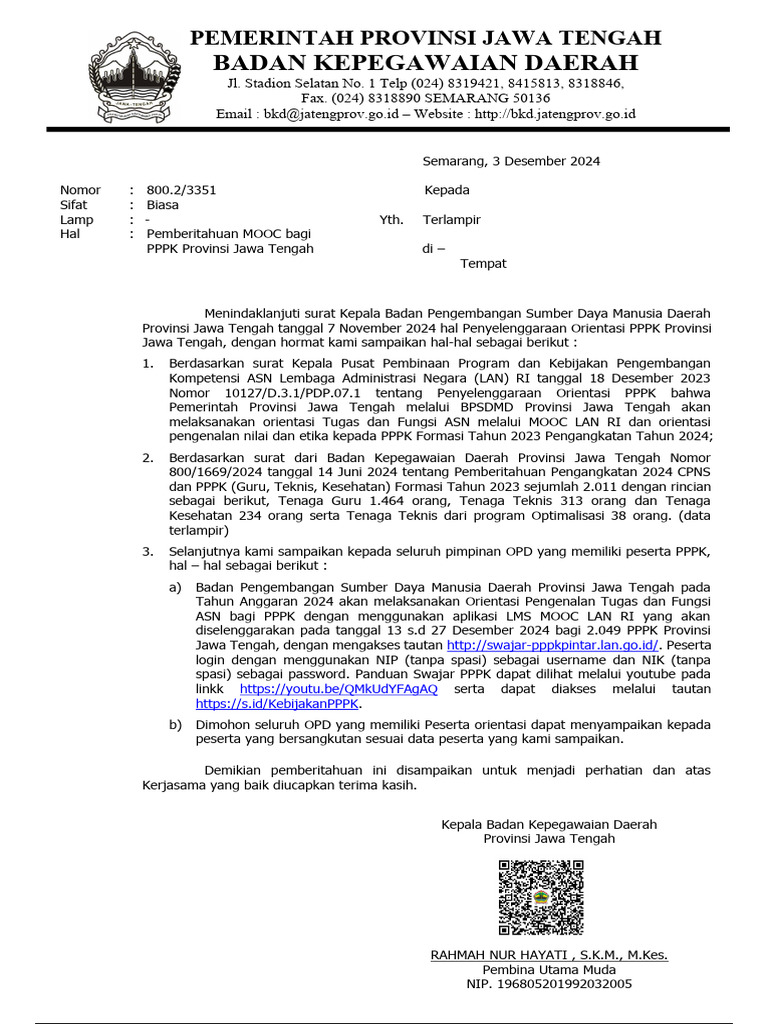 Surat Pemberitahuan MOOC P3K Prov. Jateng | PDF