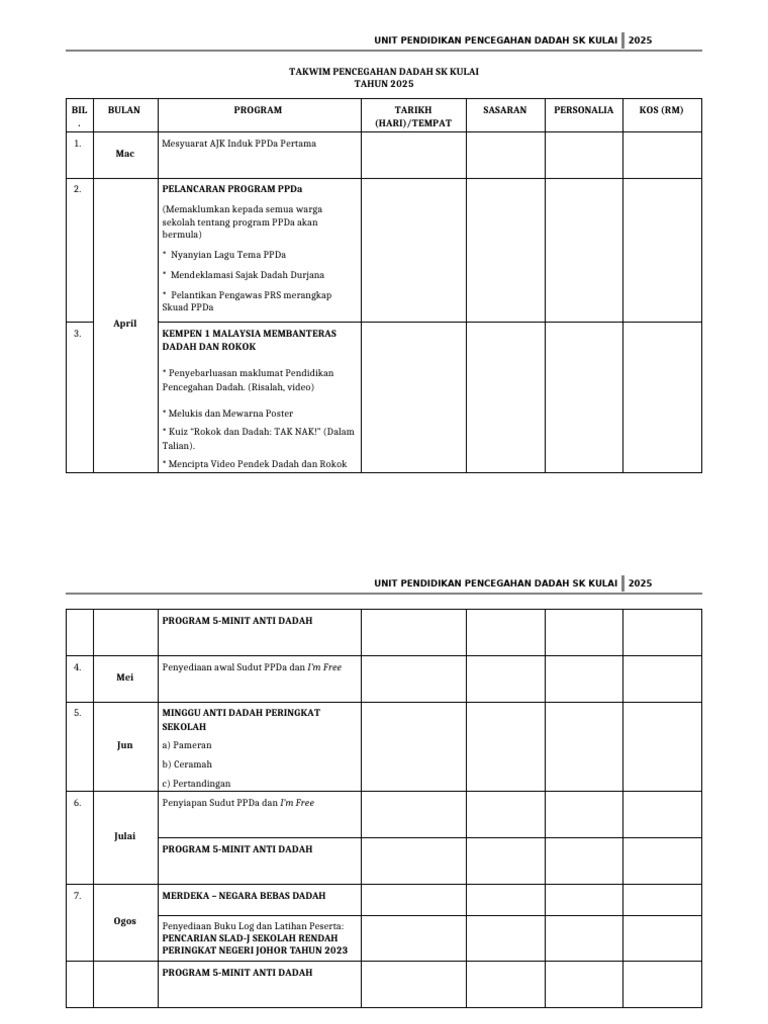 TAKWIM UNIT PPDa SK KULAI TAHUN 2023 2024 | PDF