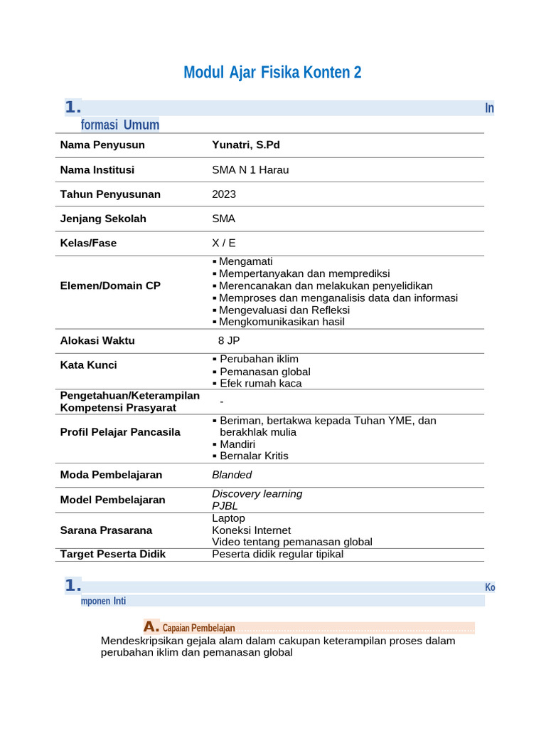 Modul Ajar Fisika Fase e - Konten 2 - Yusra D | PDF