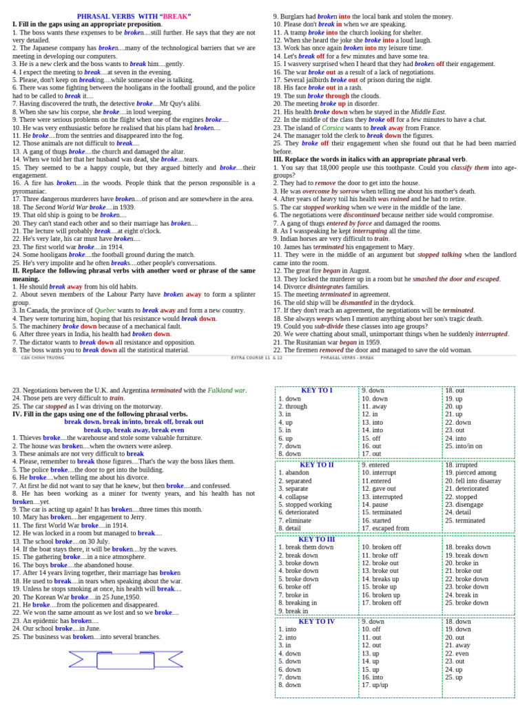 PHRASAL VERBS BREAK Exercises Keys | PDF | Provinces And Territories Of ...