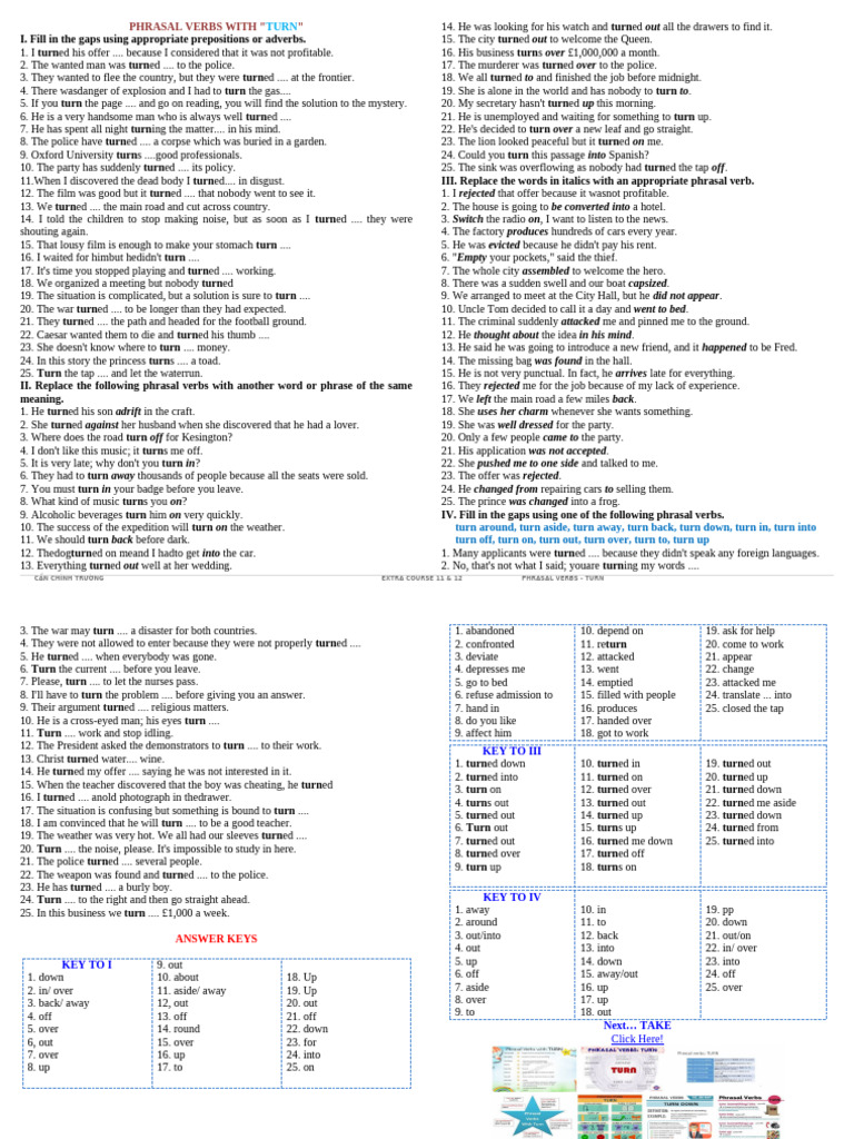 Exercises on Phrasal Verbs with "Turn" | PDF