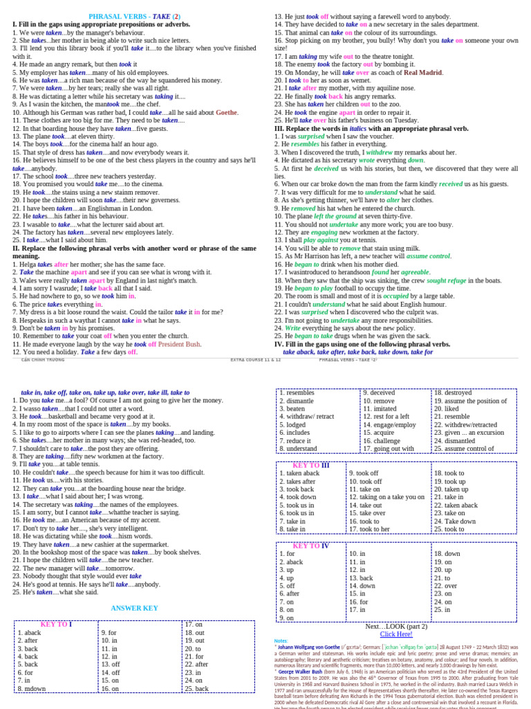 PHRASAL VERBS TAKE 2 Exercises Keys | PDF