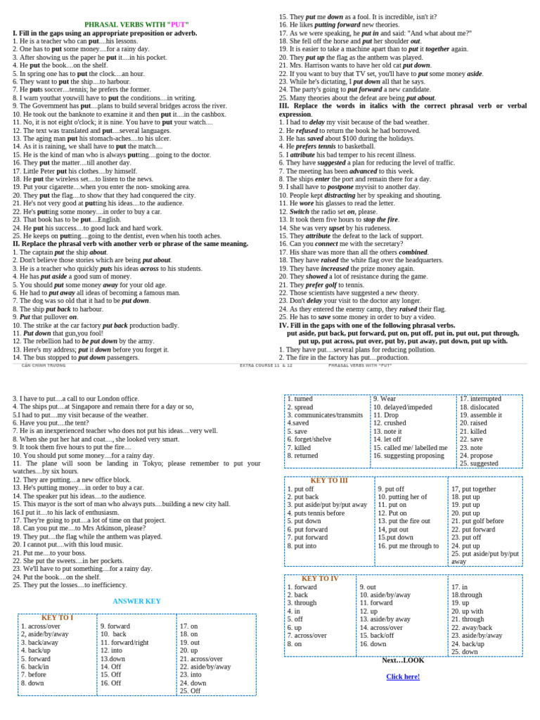 PHRASAL VERBS PUT Exercises Keys | PDF | Linguistic Morphology | Grammar